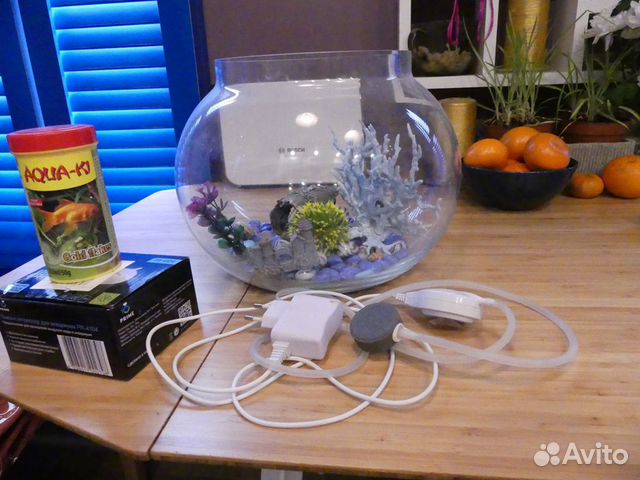 Аквариум + аэратор + камни и фигурки